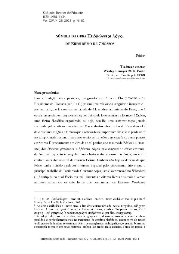 (PDF) São Fócio - Súmula da obra Πυῤῥώνειοι λόγοι de Enesidemo de Cnossos