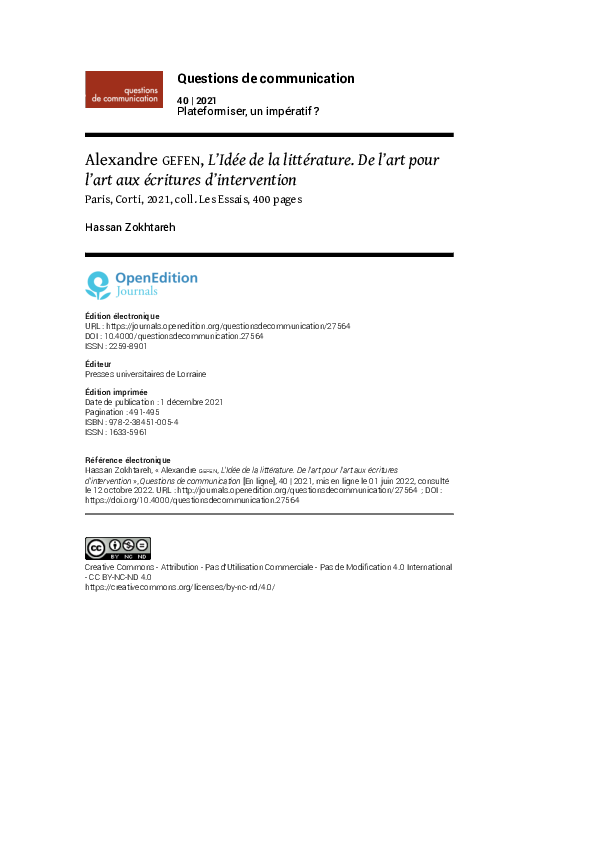 (PDF) Alexandre Gefen, L’Idée de la littérature. De l’art pour l’art ...