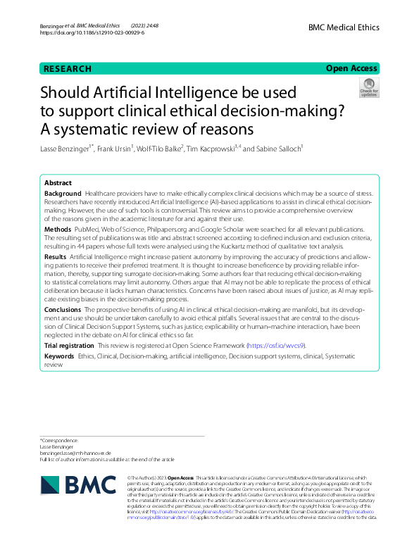(PDF) Should Artificial Intelligence be used to support clinical ethical decision-making? A ...