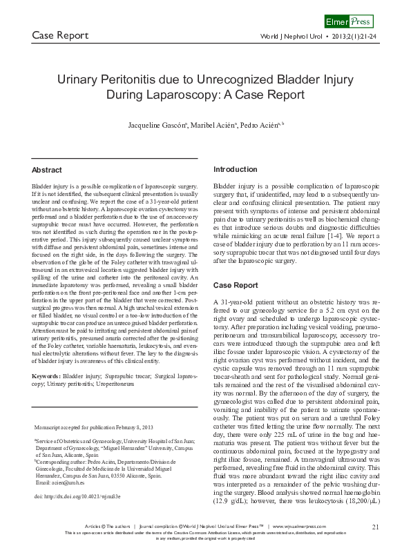 (PDF) Urinary Peritonitis due to Unrecognized Bladder Injury During ...