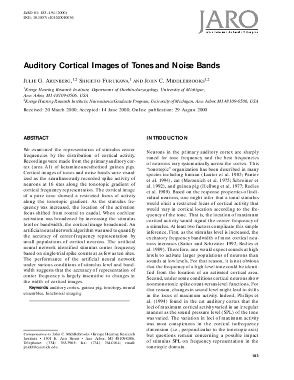 (PDF) Auditory Cortical Images of Tones and Noise Bands