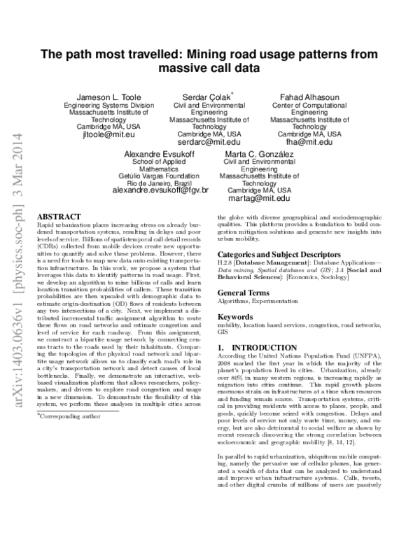 (PDF) The path most travelled: Mining road usage patterns from massive ...
