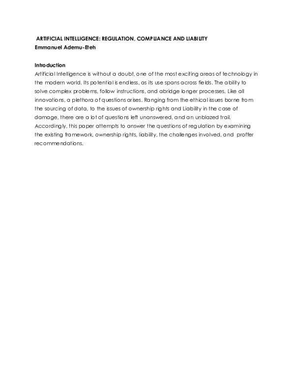 (PDF) ARTIFICIAL INTELLIGENCE: REGULATION, COMPLIANCE AND LIABILITY