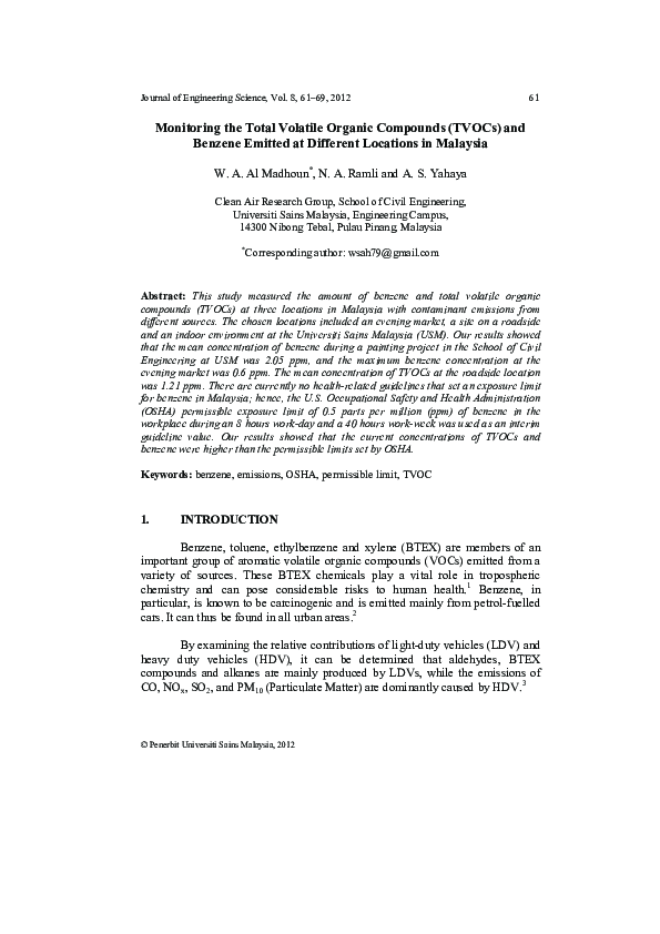 (PDF) Monitoring the Total Volatile Organic Compounds (TVOCs) and Benzene Emitted at Different ...