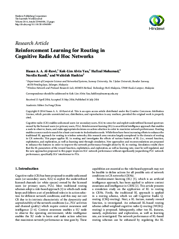 Pdf Reinforcement Learning For Routing In Cognitive Radio Ad Hoc Networks 