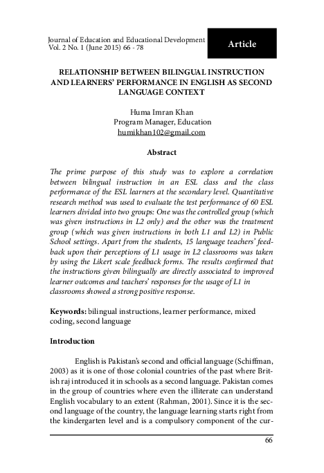 (PDF) Relationship Between Bilingual Instruction and Learners’ Performance in English as Second ...