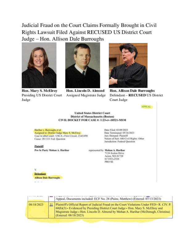 (PDF) 08-19-2023 BREAKING (BOSTON): Judicial Fraud on the Court Claims ...
