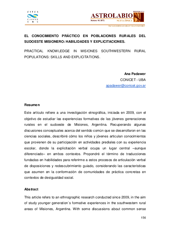 (PDF) Practical knowledge in misiones southwestern rural populations: skills and explicitations