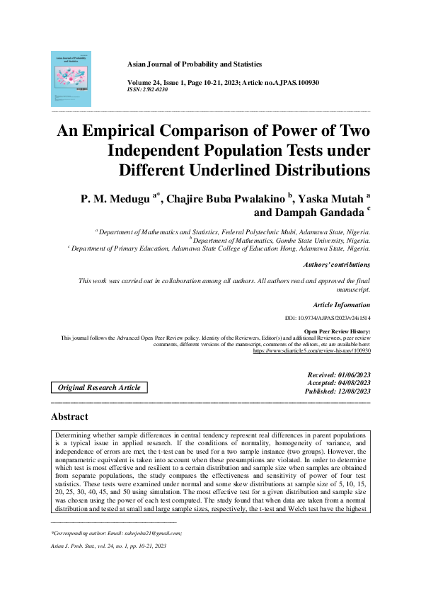 Pdf An Empirical Comparison Of Power Of Two Independent Population Tests Under Different