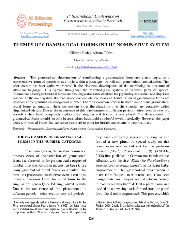 (PDF) Themes of Grammatical Forms in the Nominative System | Albana ...