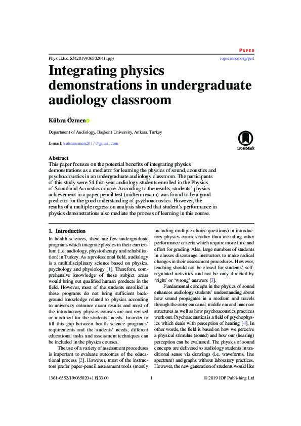 (PDF) Integrating physics demonstrations in undergraduate audiology classroom