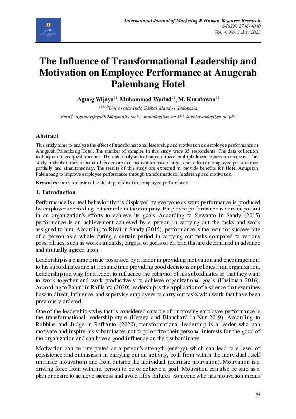 (PDF) The Influence of Transformational Leadership and Motivation on Employee Performance at ...