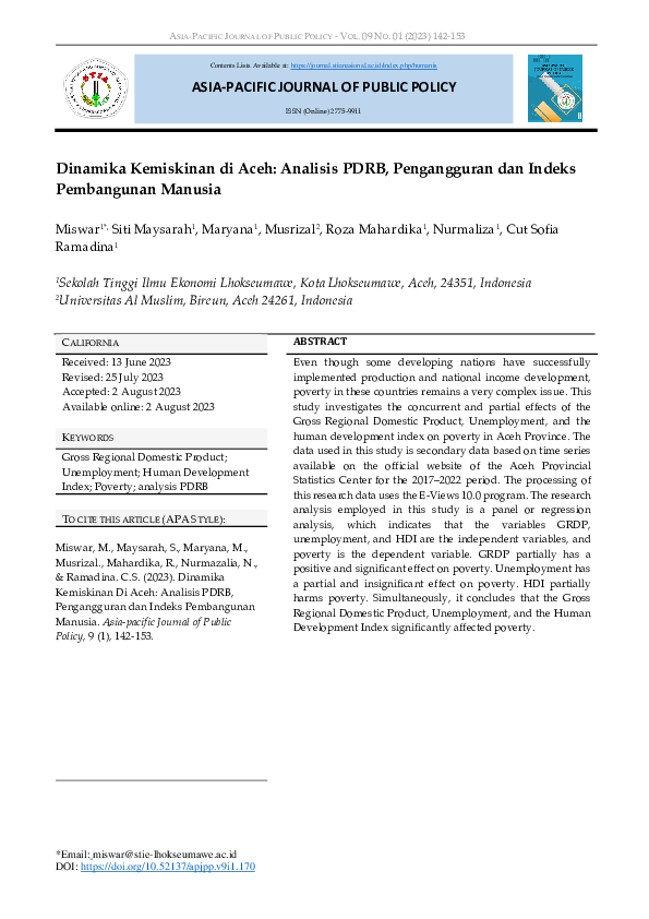 (PDF) Dinamika Kemiskinan di Aceh: Analisis PDRB, Pengangguran dan Indeks Pembangunan Manusia