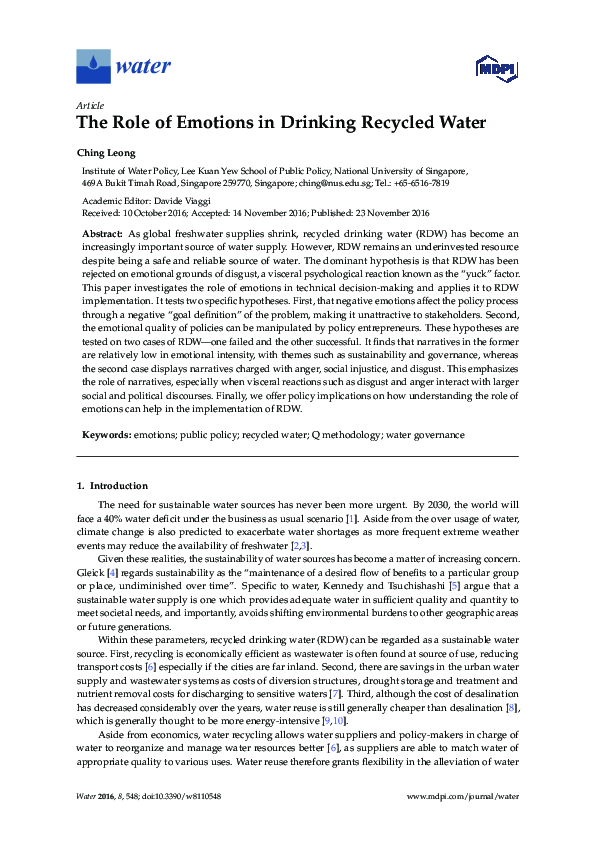 (PDF) The Role of Emotions in Drinking Recycled Water | Ching Leong ...