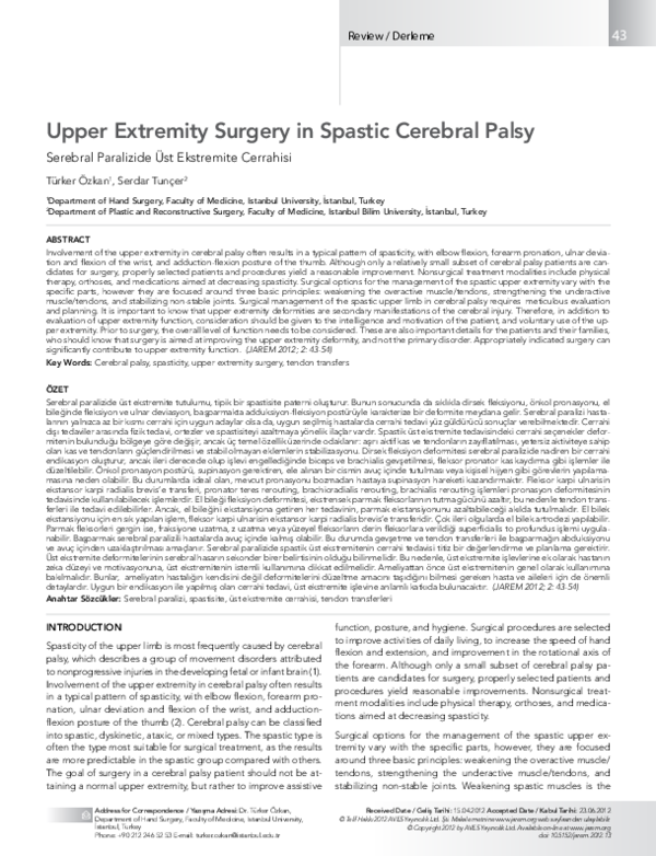 (PDF) Upper Extremity Surgery in Spastic Cerebral Palsy | Türker Ozkan ...