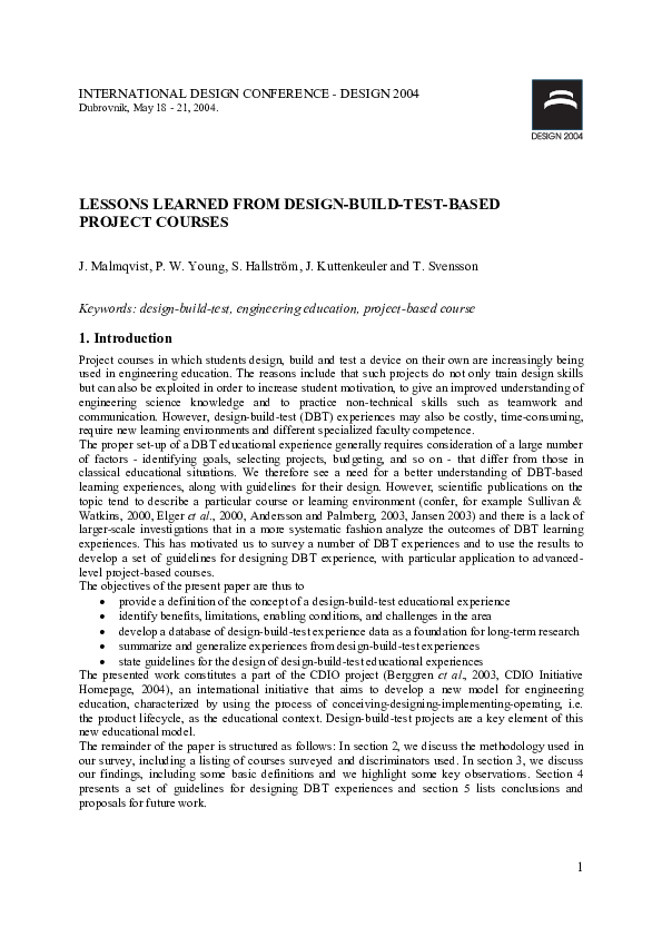 (PDF) Lessons learned from design-build-test-based project courses