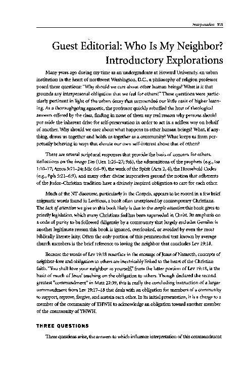 (PDF) Guest Editorial: Who Is My Neighbor? Introductory Explorations