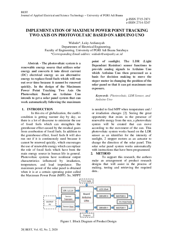 (PDF) Implementation of Maximum Power Point Tracking Two Axis on Photovoltaic Based on Arduino Uno