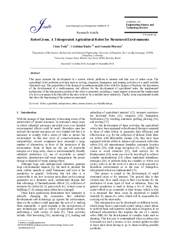 (PDF) RobotGreen. A Teleoperated Agricultural Robot for Structured ...