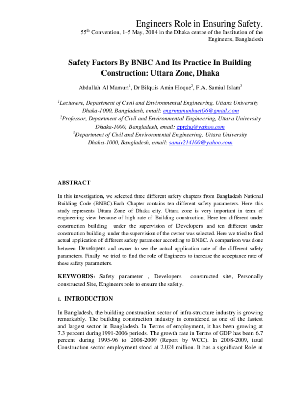(PDF) Safety Factors By BNBC And Its Practice In Building Construction: Uttara Zone, Dhaka