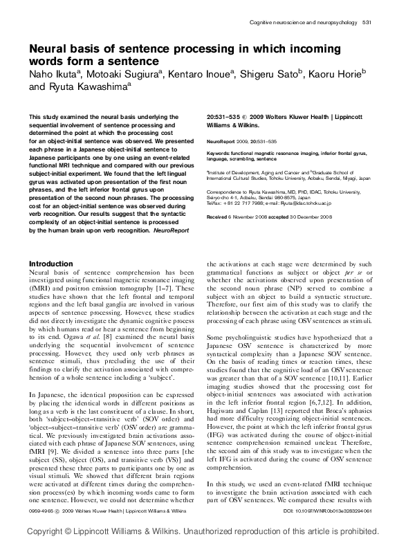 (PDF) Neural basis of sentence processing in which incoming words form a sentence | Kaoru Horie ...