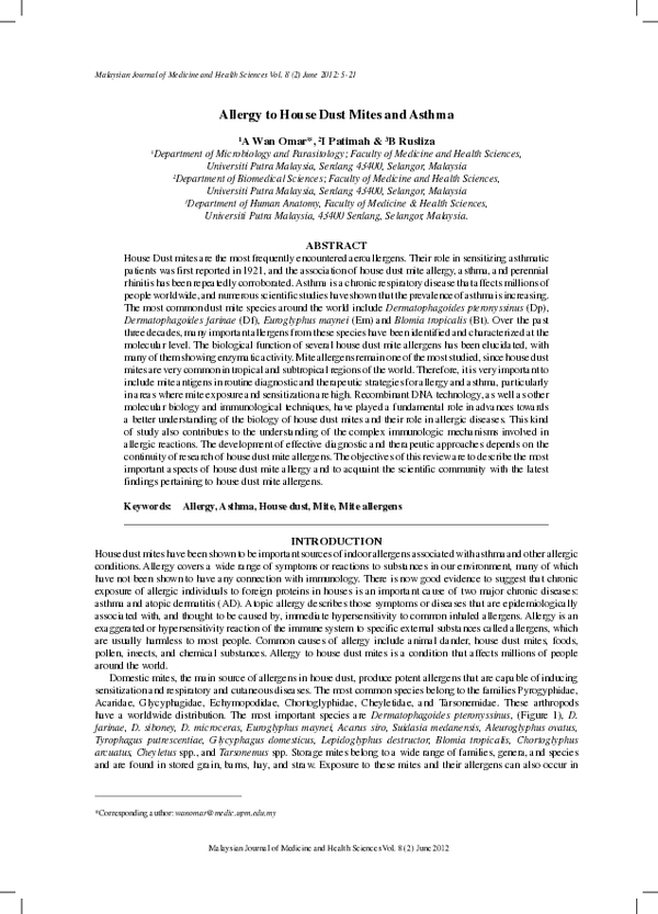 (PDF) Allergy to house dust mites and asthma