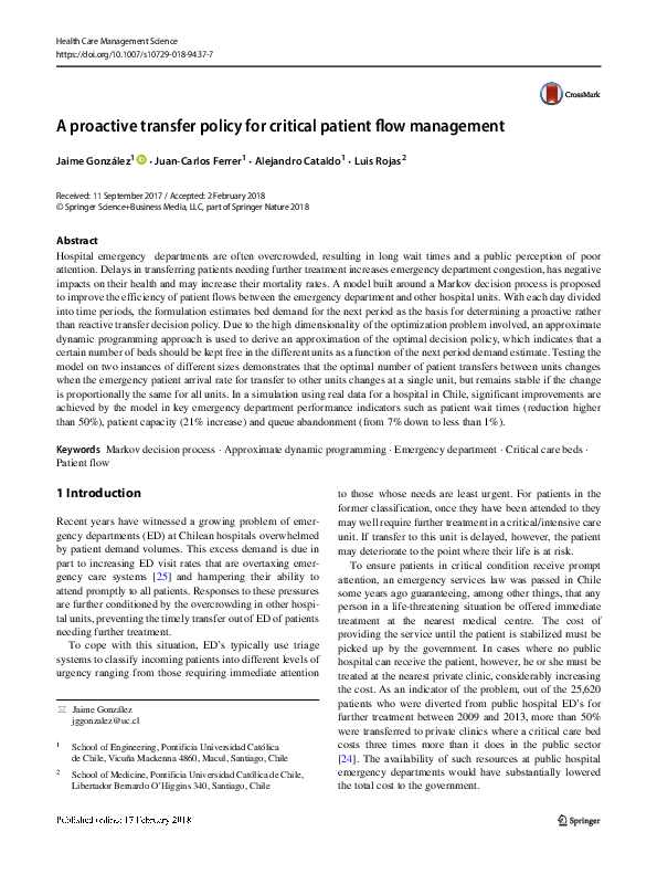 (PDF) A proactive transfer policy for critical patient flow management