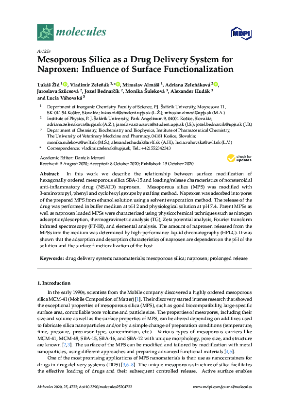 (PDF) Mesoporous Silica as a Drug Delivery System for Naproxen: Influence of Surface ...