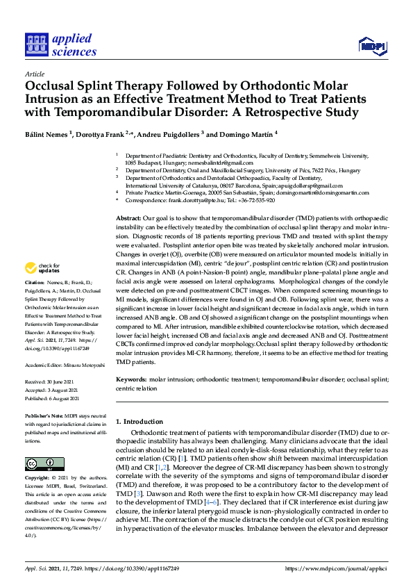 (PDF) Occlusal Splint Therapy Followed by Orthodontic Molar Intrusion ...