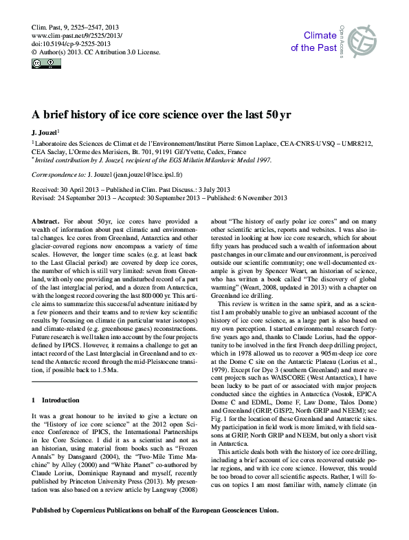 (PDF) A brief history of ice core science over the last 50 yr