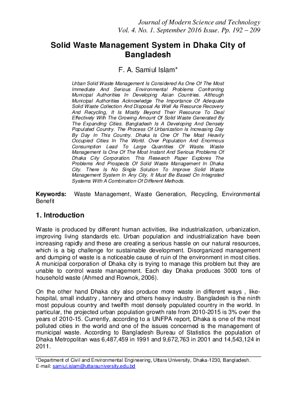 (PDF) Solid Waste Management System in Dhaka City of Bangladesh