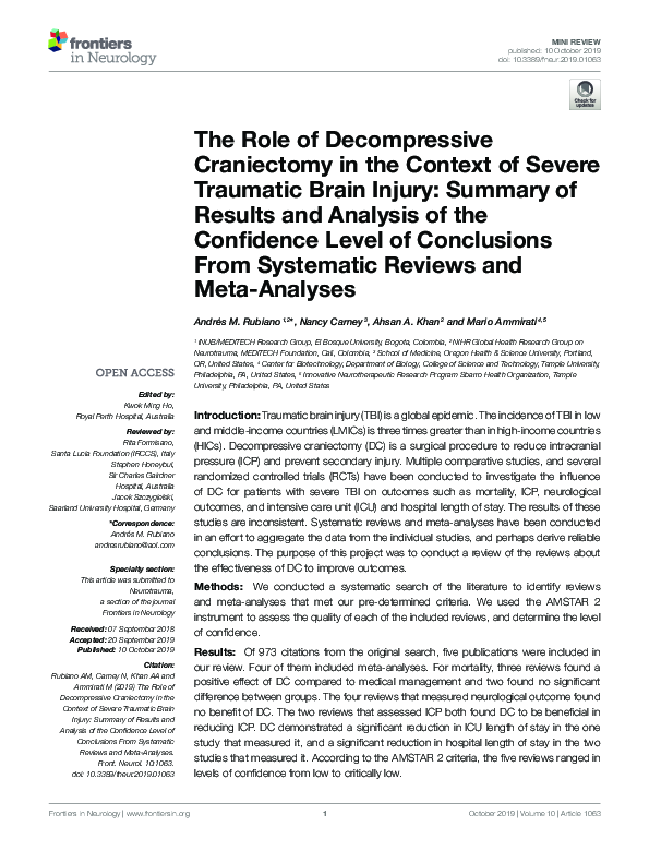 (PDF) The Role of Decompressive Craniectomy in the Context of Severe Traumatic Brain Injury ...