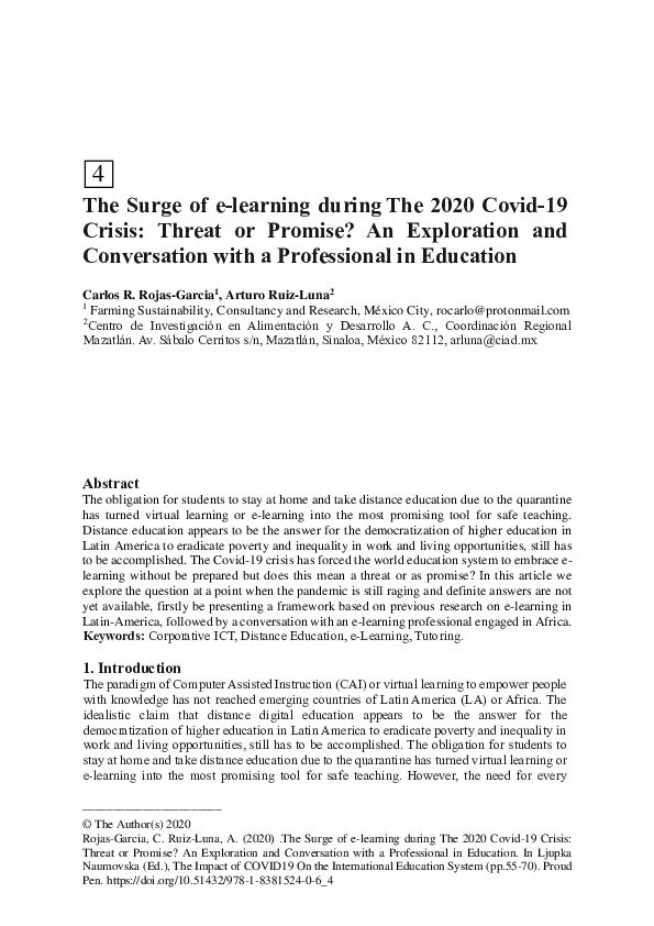 (PDF) The Surge of e-learning during The 2020 Covid-19 Crisis: Threat ...