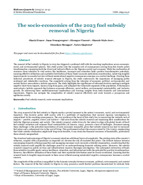 (PDF) The socio-economics of the 2023 fuel subsidy removal in Nigeria
