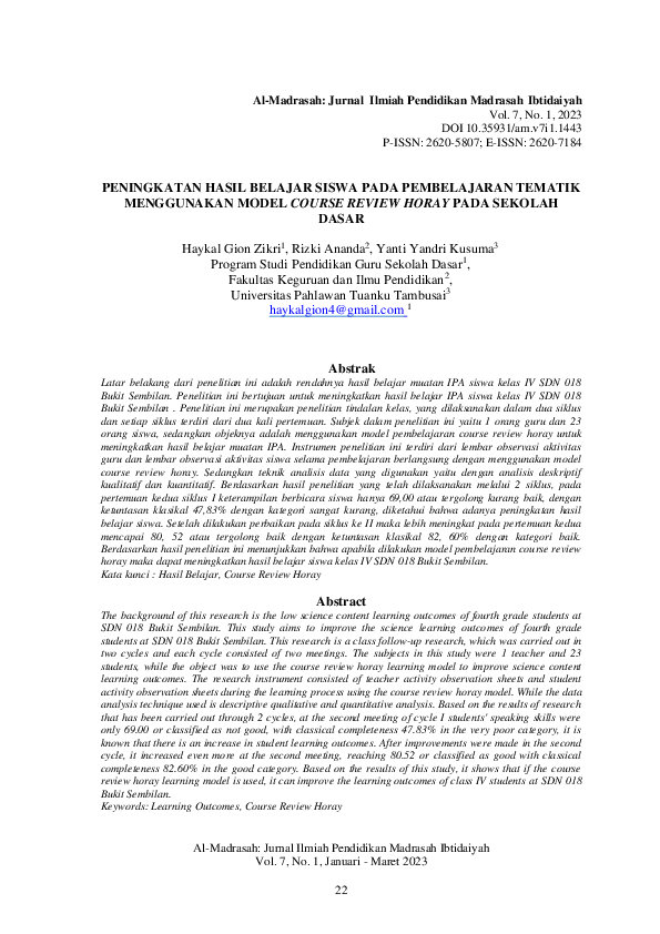 (PDF) Peningkatan Hasil Belajar Siswa Pada Pembelajaran Tematik Menggunakan Model Course Review ...