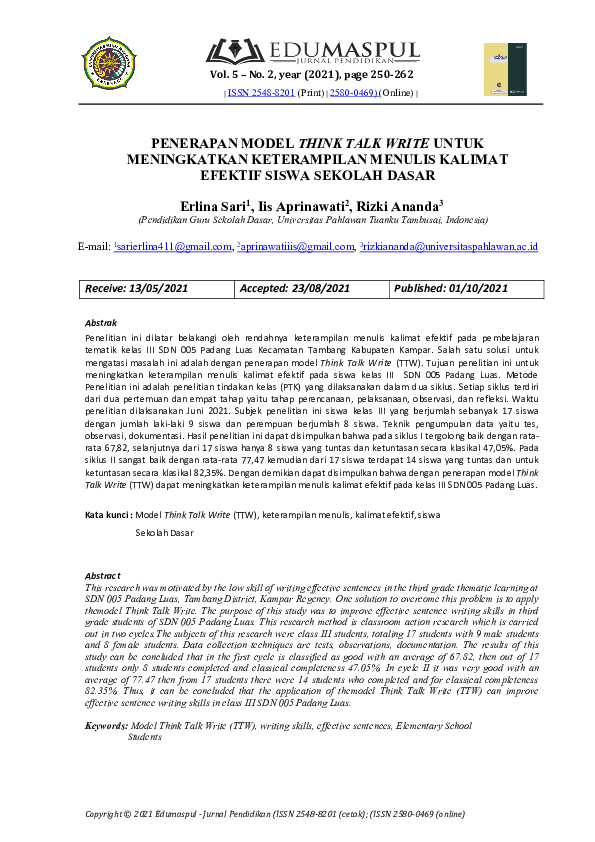 (PDF) Penerapan Model Think Talk Write untuk Meningkatkan Keterampilan ...