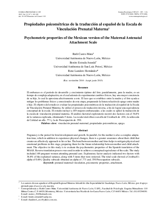 (PDF) Psychometric properties of the Mexican version of the Maternal ...