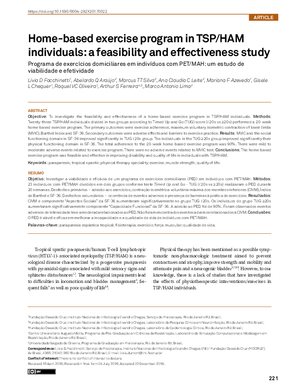 (PDF) Home-based exercise program in TSP/HAM individuals: a feasibility and effectiveness study