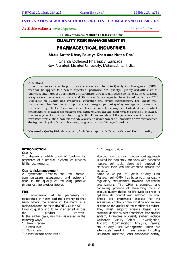 (PDF) Quality Risk Management in Pharmaceutical Industries