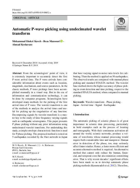 (PDF) Automatic P-wave picking using undecimated wavelet transform