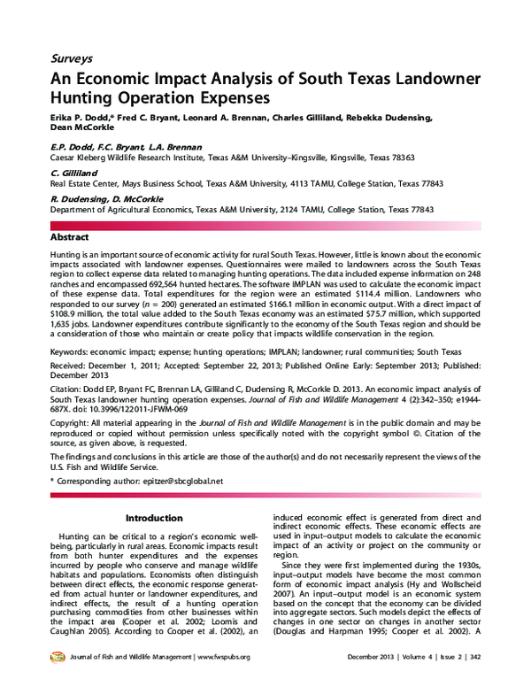(PDF) An Economic Impact Analysis of South Texas Landowner Hunting ...