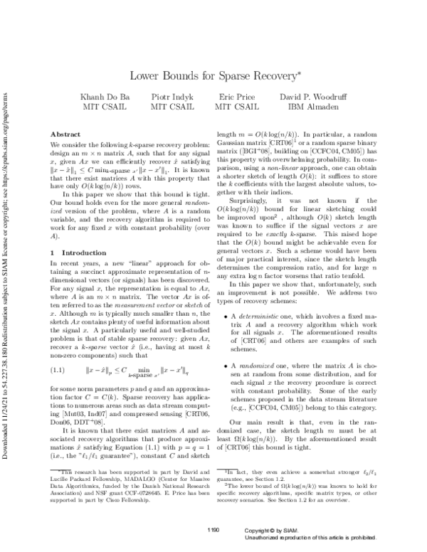 (PDF) Lower Bounds for Sparse Recovery | Khánh Minh Lê Bá - Academia.edu