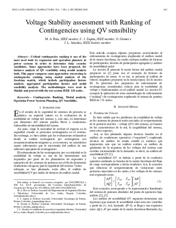 (PDF) Voltage Stability assessment with Ranking of Contingencies using QV sensibility
