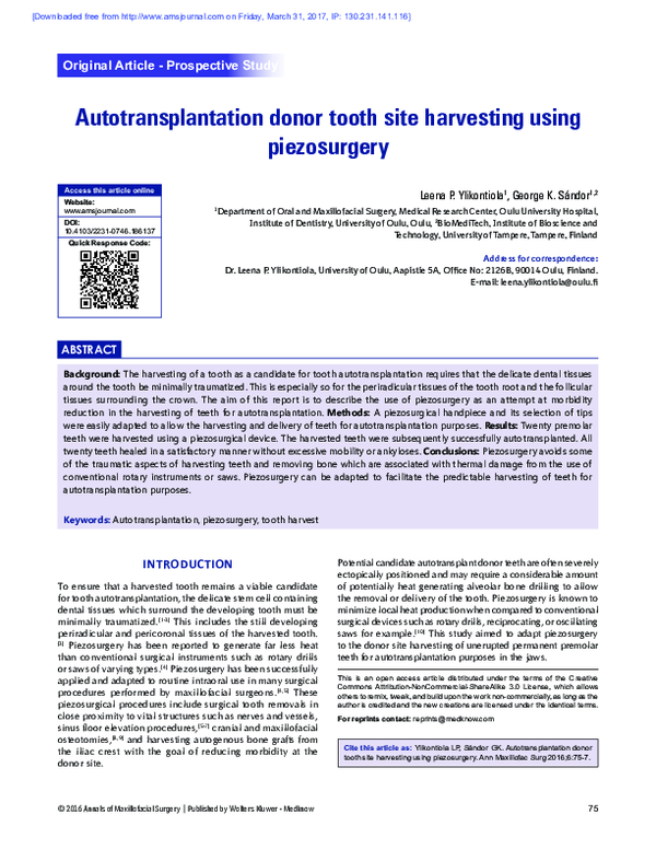 (PDF) Autotransplantation donor tooth site harvesting using piezosurgery
