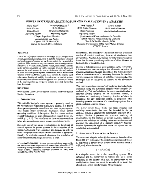 (PDF) Power systems stability robustness evaluation by μ analysis