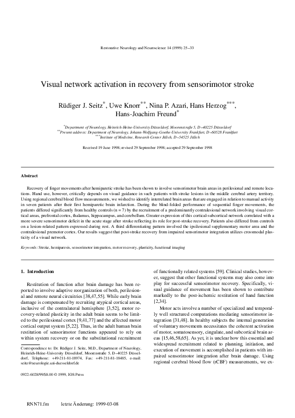 (PDF) Visual network activation in recovery from sensorimotor stroke