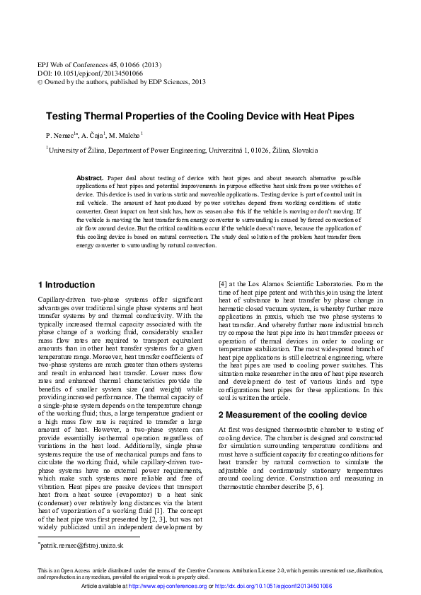 (PDF) Testing Thermal Properties of the Cooling Device with Heat Pipes