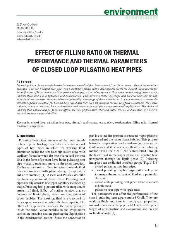 Pdf Impact Of Filling Ratio On The Thermal Performance Of Closed Loop Pulsating Heat Pipe