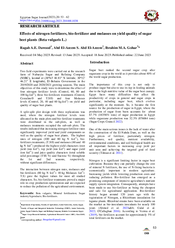 (PDF) Effects of nitrogen fertilizers, bio-fertilizer and molasses on ...