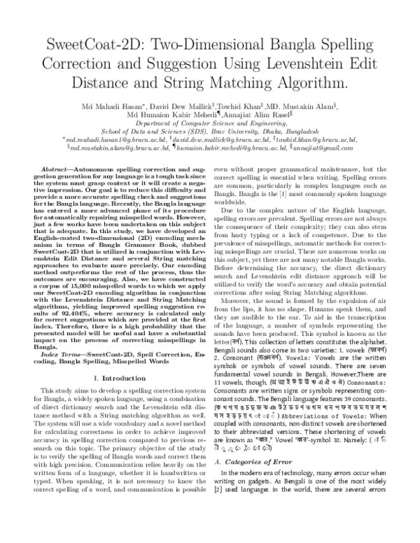 (PDF) SweetCoat-2D: Two-Dimensional Bangla Spelling Correction and Suggestion Using Levenshtein ...